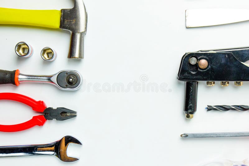 Set of Construction Tools on White Background As Wrench, Hammer, Pliers ...