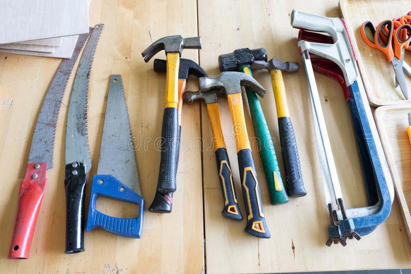 Set of Construction Tools on a Wooden Stock Photo - Image of renovation ...