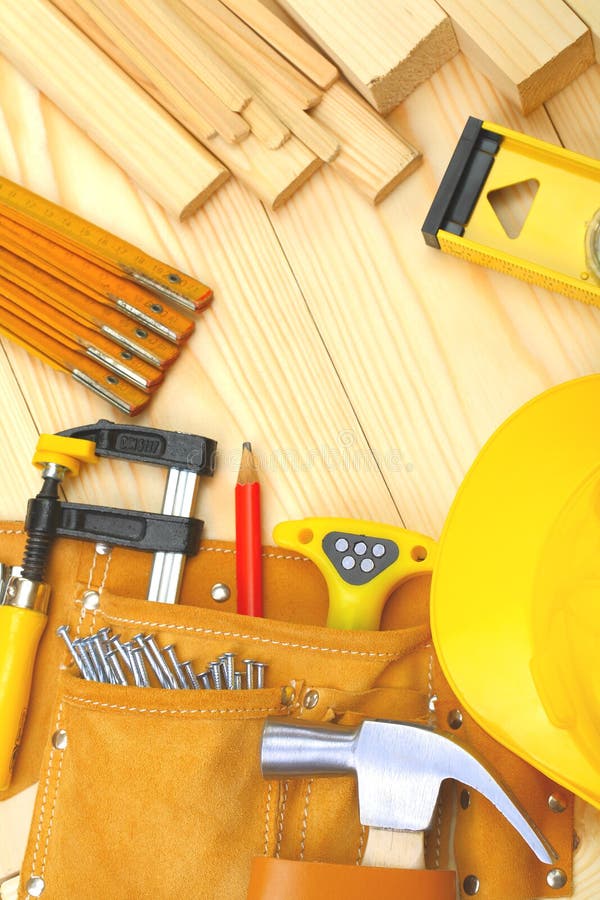 Set of Construction Tools on Wooden Boards Stock Photo - Image of ...