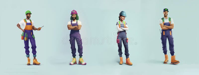 Set of Construction Workers in Jumpsuits and Hard Hat Stock Photo ...