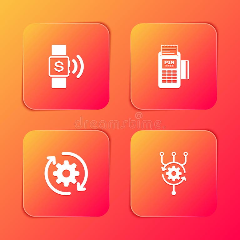 Set Contactless Payment, POS Terminal, Gear and Arrows As Workflow and ...