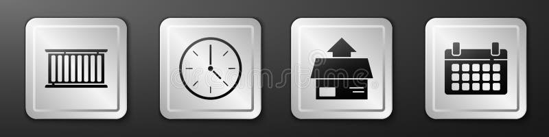 Set Container, Clock, Carton Cardboard Box and Calendar Icon. Silver ...