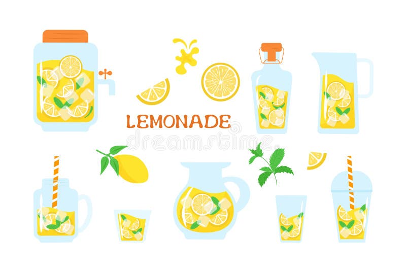 Set of Containers with Lemonade, Decanter, Bottle, Glass. Vector ...