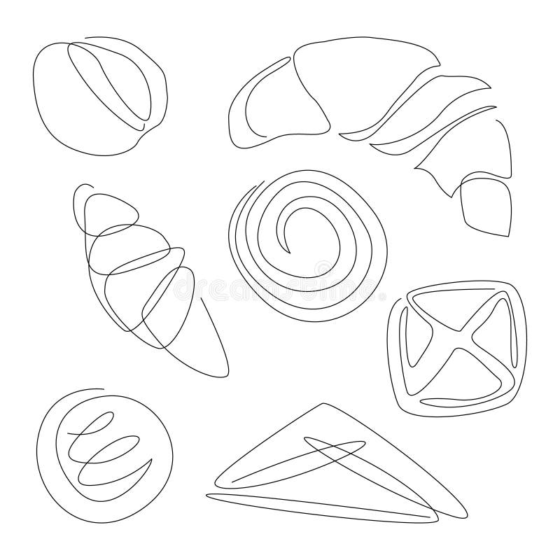 Set with Continuous Line Breads. Vector Line Art. Bakery Product for ...