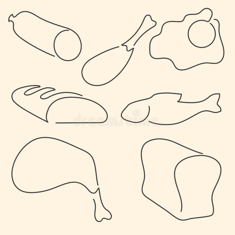 Set of Continuous Line Art - Meat, Fish, Egg, Bread Stock Vector ...