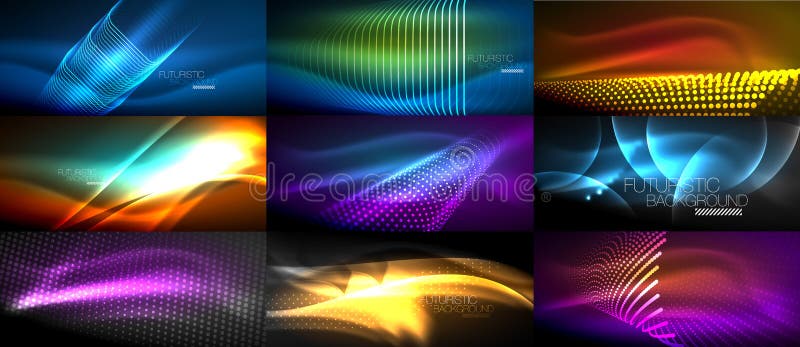 Set of Continuous Neon Waves in Dark, Night Backgrounds with Lights ...
