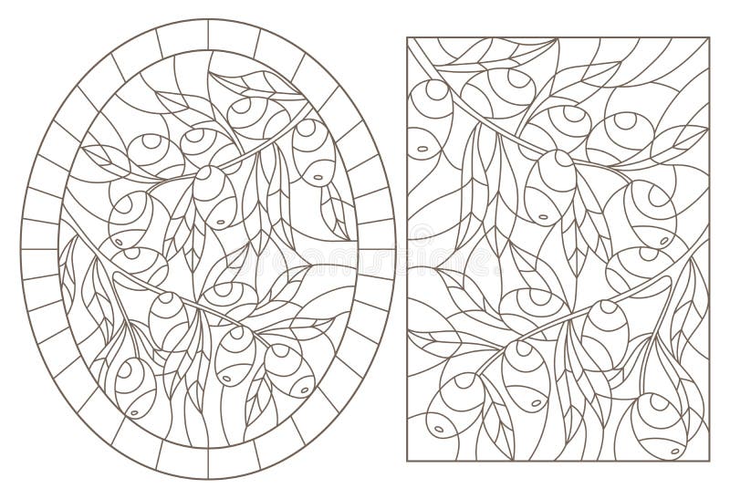 Stained Glass Illustration with Olive Branches, Rectangular and Oval ...
