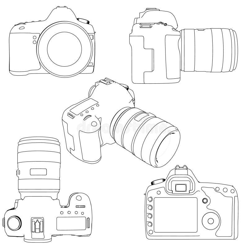Set with Contours of a Digital Camera with a Lens from Black Lines ...