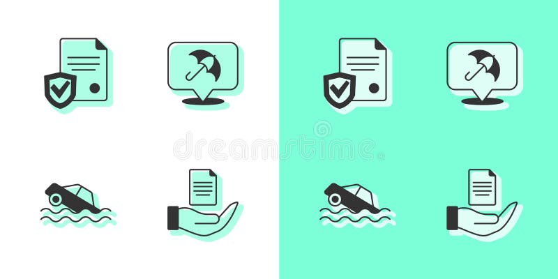 Set Contract in Hand, with Shield, Flood Car and Umbrella Icon. Vector ...