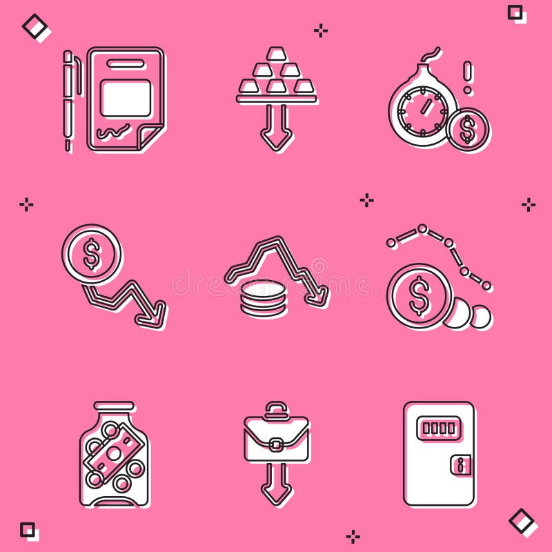 Set Contract Money and Pen, Gold Bars, Money Bomb Dollar Crisis, Dollar Rate Decrease, Glass Jar ...