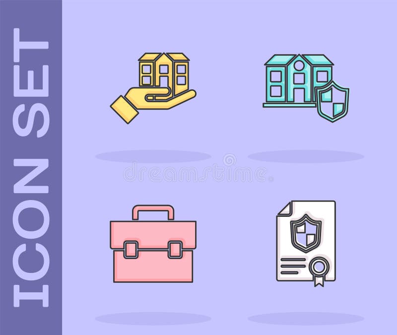 Set Contract with Shield, House in Hand, Briefcase and Icon. Vector ...