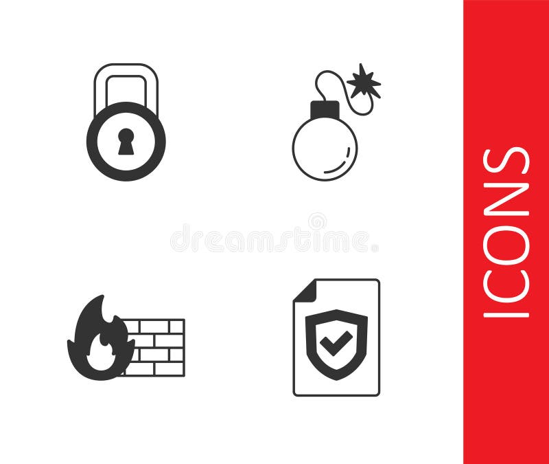 Set Contract with Shield, Lock, Firewall, Security Wall and Bomb Icon ...