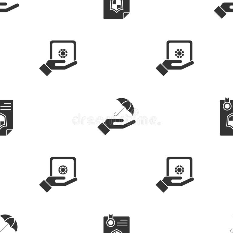 Set Contract with Shield, Umbrella in Hand and Safe on Seamless Pattern ...