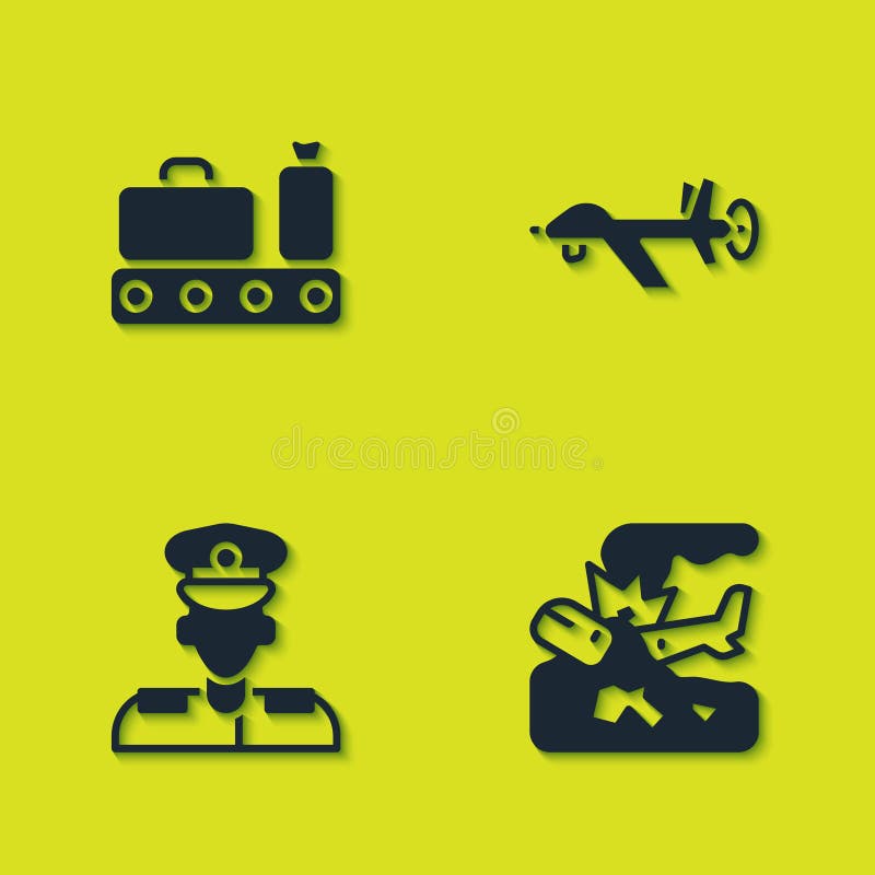 Set Conveyor Belt with Suitcase, Plane Crash, Pilot and UAV Drone Icon ... Set Conveyor Belt with Suitcase, Plane Crash, Pilot and UAV Drone Icon ...