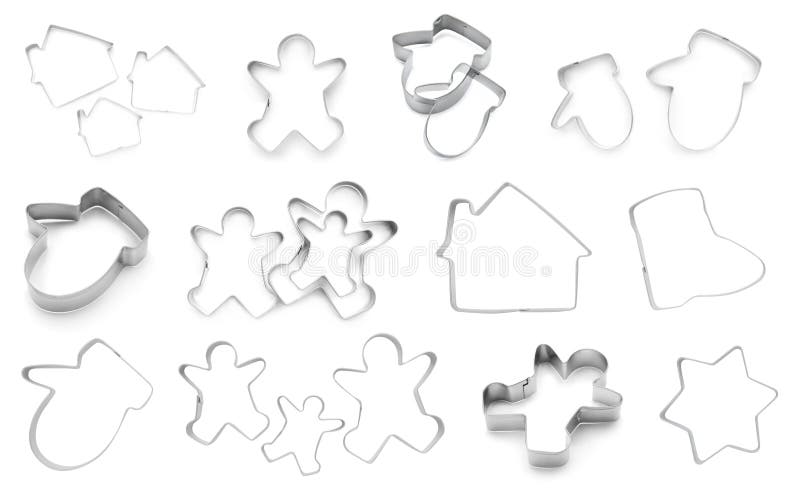 Set with Cookie Cutters of Different Shapes on White Background Stock ...