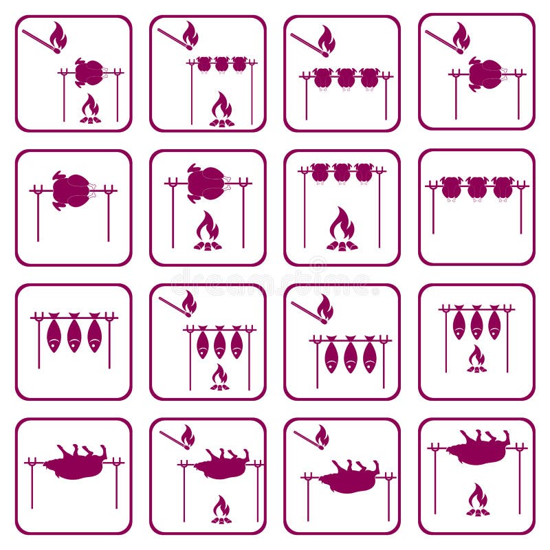 Set of Cooking on Campfire Icons Stock Vector - Illustration of roast ...
