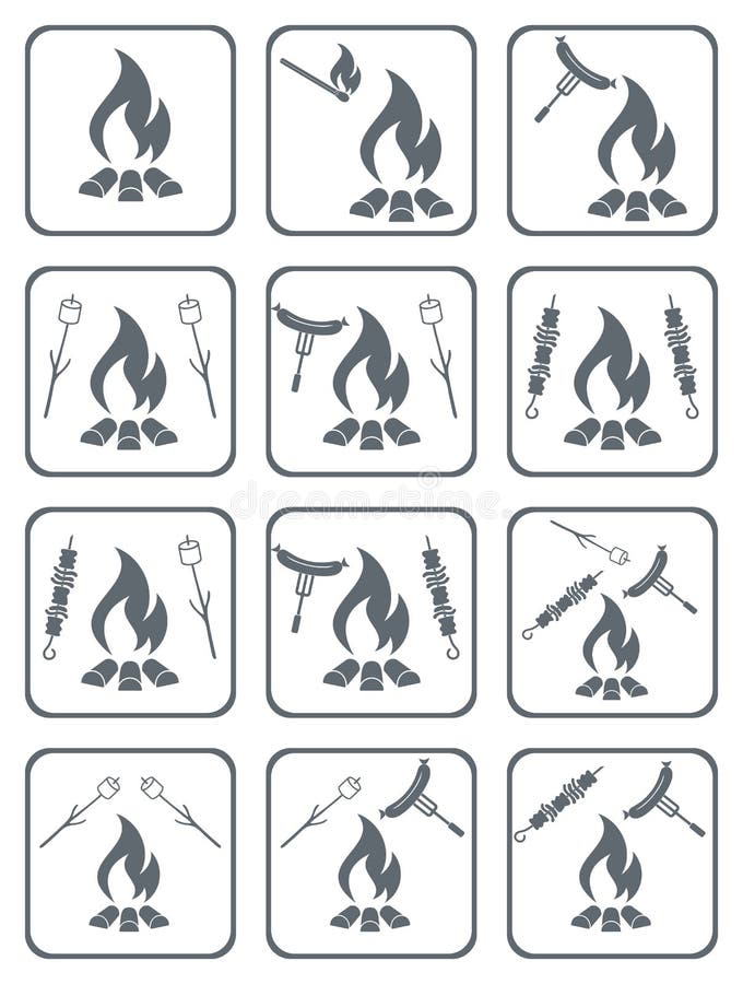 Set of Cooking on Campfire Icons Stock Vector - Illustration of dinner ...