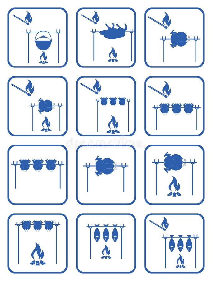 Set of Cooking on Campfire Icons Stock Vector - Illustration of ...