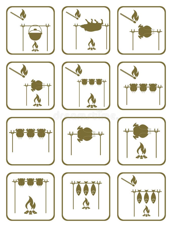 Set of Cooking on Campfire Icons Stock Vector - Illustration of fried ...