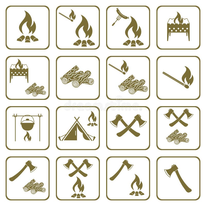 Set of Cooking on Campfire Icons Stock Vector - Illustration of skewer ...