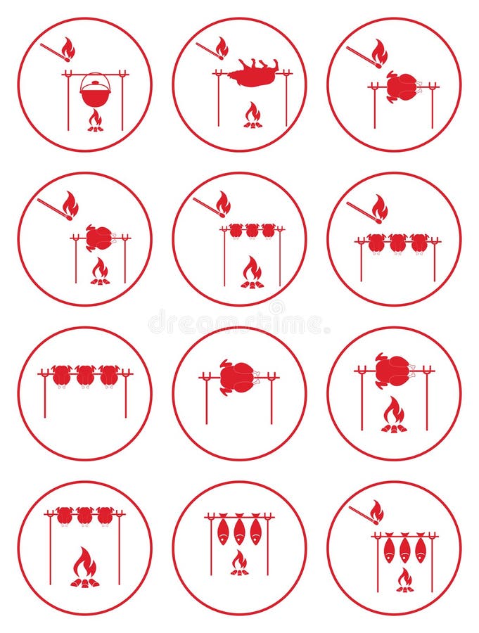 Set of Cooking on Campfire Icons Stock Vector - Illustration of roast ...