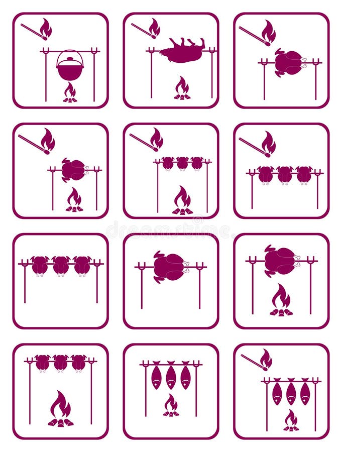 Set of Cooking on Campfire Icons Stock Vector - Illustration of fork ...