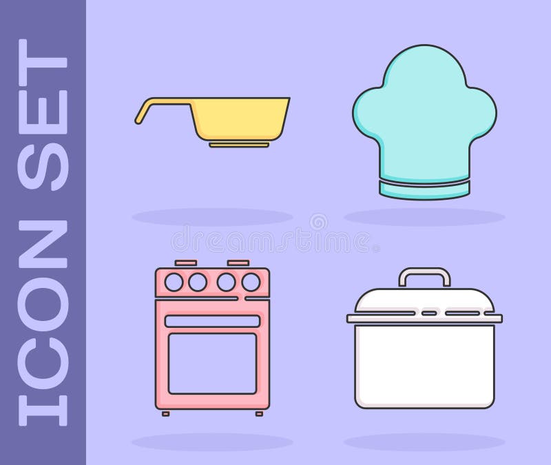 Set Cooking Pot, Frying Pan, Oven and Chef Hat Icon. Vector Stock ...