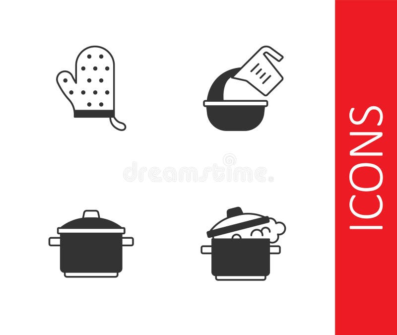 Set Cooking Pot, Oven Glove, and Measuring Cup and Bowl Icon. Vector ...