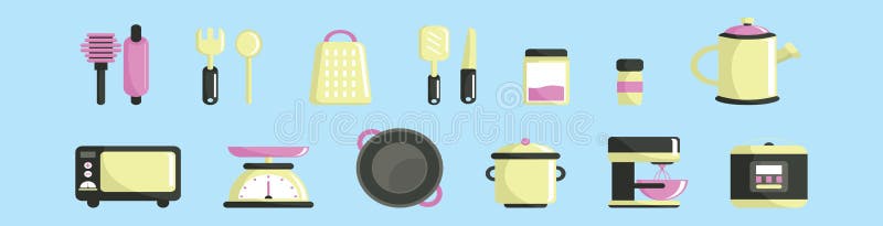 Set of Cooking Tools Cartoon Icon Design Template with Various Models ...