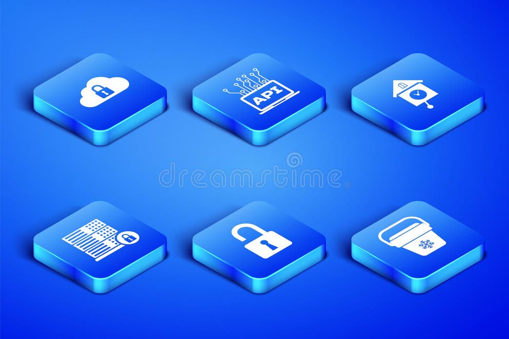 Set Cooler Bag, Cloud Computing Lock, Open Padlock, Server Security with, Computer Api Interface ...