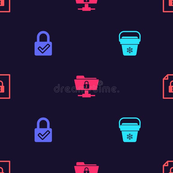Set Cooler Bag, Lock and Check Mark, FTP Folder Lock and Document on Seamless Pattern. Vector ...