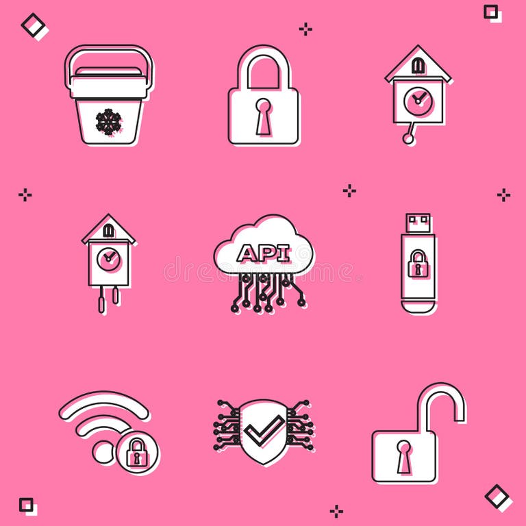 Set Cooler Bag, Lock, Retro Wall Watch, , Cloud Api Interface and USB Flash Drive with Lock Icon ...