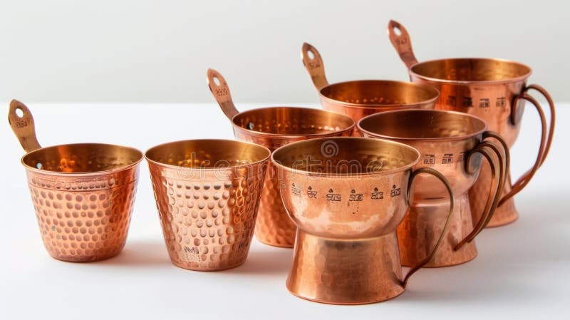A Set of Copper Measuring Cups Each with a Different Shape and Etched ...