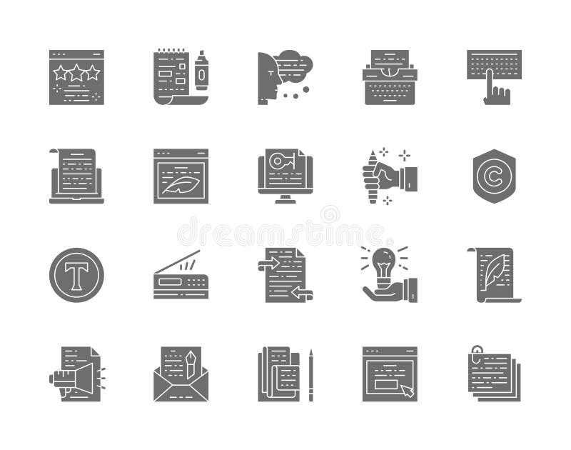 Set of Copywriting Grey Icons. Typewriter, Presentations, Printer and ...