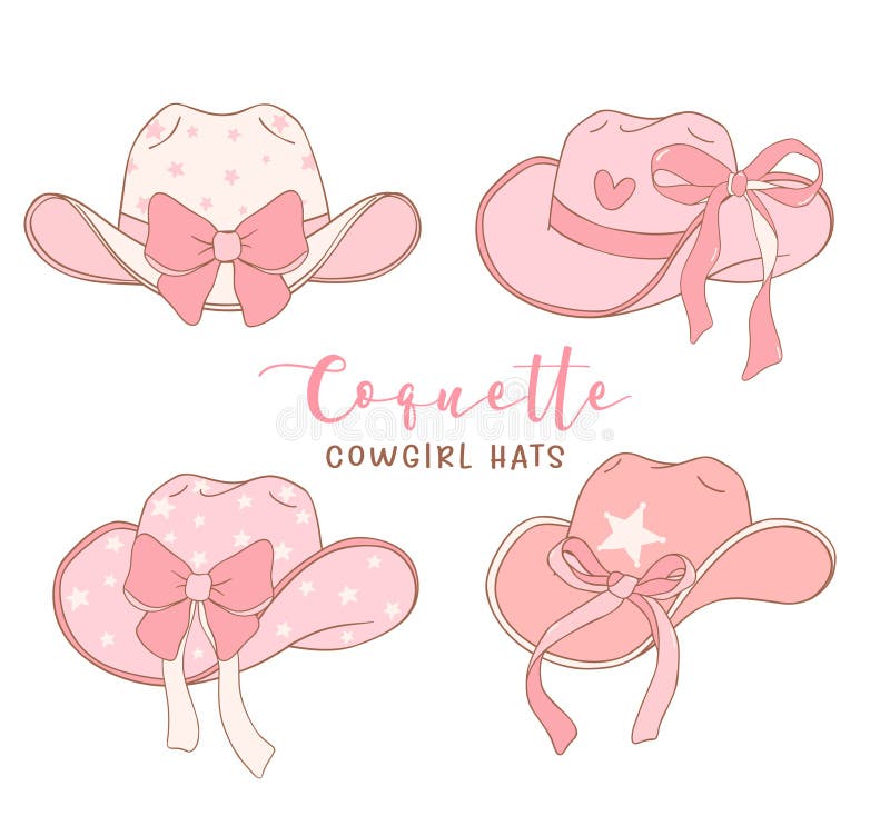 Set of Coquette Cowgirl Hats with Pink Ribbon Bow Hand Drawn Doodle ... Set of Coquette Cowgirl Hats with Pink Ribbon Bow Hand Drawn Doodle ...