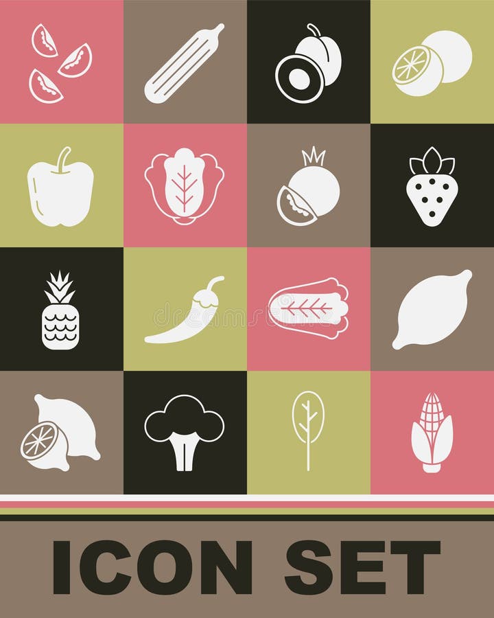 Set Corn, Lemon, Strawberry, Plum Fruit, Cabbage, Apple, Tomato and ...