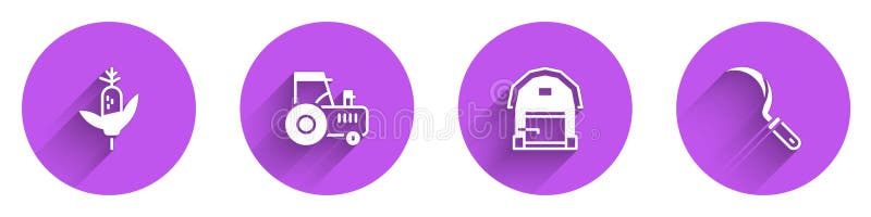 Set Corn, Tractor, Farm House and Sickle Icon with Long Shadow. Vector ... Set Corn, Tractor, Farm House and Sickle Icon with Long Shadow. Vector ...