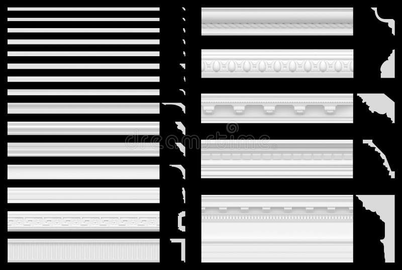 A Set of Cornices and Friezes Isolated on a Black Background. 3D ...