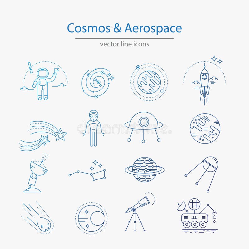 Set of Cosmos and Aerospace Icons Stock Vector - Illustration of line ...