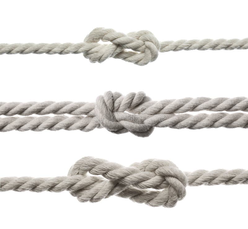 Set of Cotton Ropes with Knots on White Background, Closeup Stock Image ...