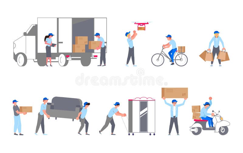 Set of Courier Service Characters Stock Vector - Illustration of ...