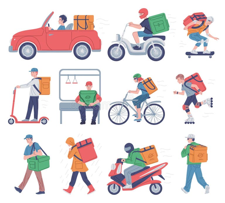 Set of Couriers Using Different Transport Flat Style, Vector ...