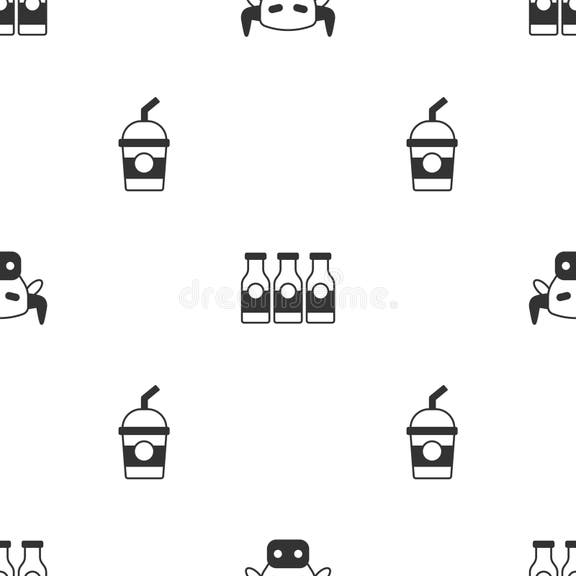 Set Cow Head, Bottle with Milk and Milkshake on Seamless Pattern ...