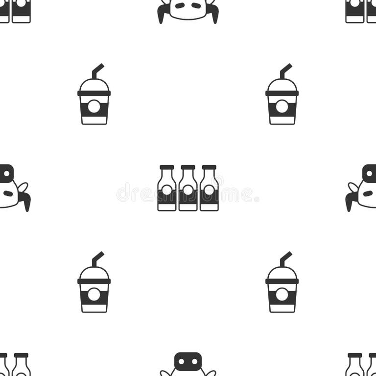 Set Cow Head, Bottle with Milk and Milkshake on Seamless Pattern ...