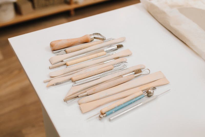 Set of Craft Sculpting Tools on Table in Pottery Workshop. Pottery ...