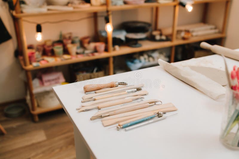 Set of Craft Sculpting Tools on Table in Pottery Workshop. Pottery ...