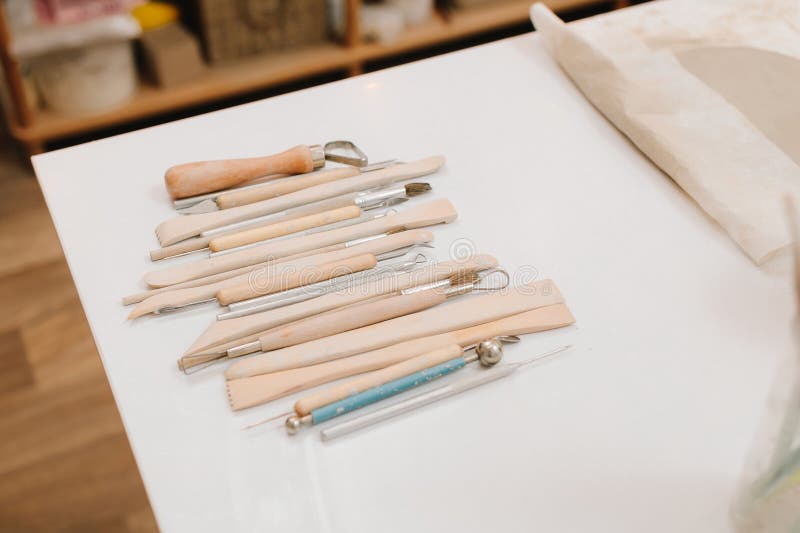 Set of Craft Sculpting Tools on Table in Pottery Workshop. Pottery ...