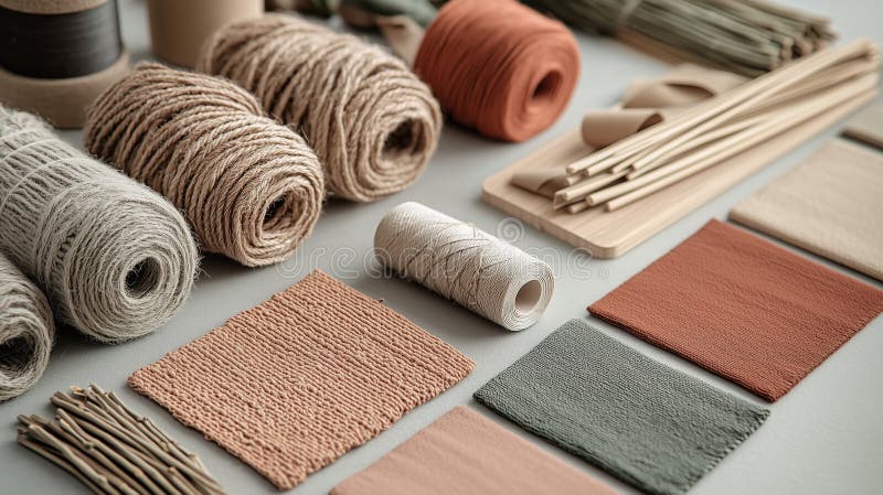 Set of Crafting Materials with Yarn, Threads, and Natural Textures on a ...