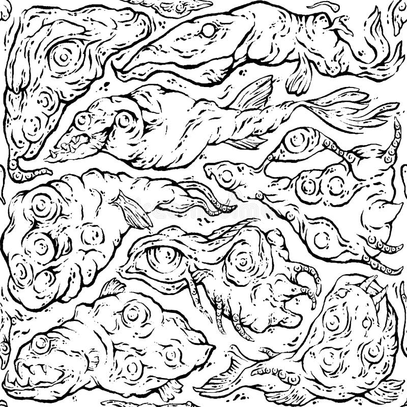 Set of Crazy Weird Fish Monsters, Black and White Pattern, Creative ...