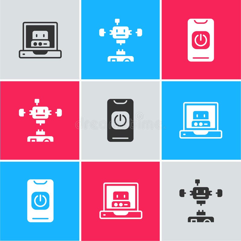 Set Creating Robot, Disassembled and Turn Off from Phone Icon. Vector ...